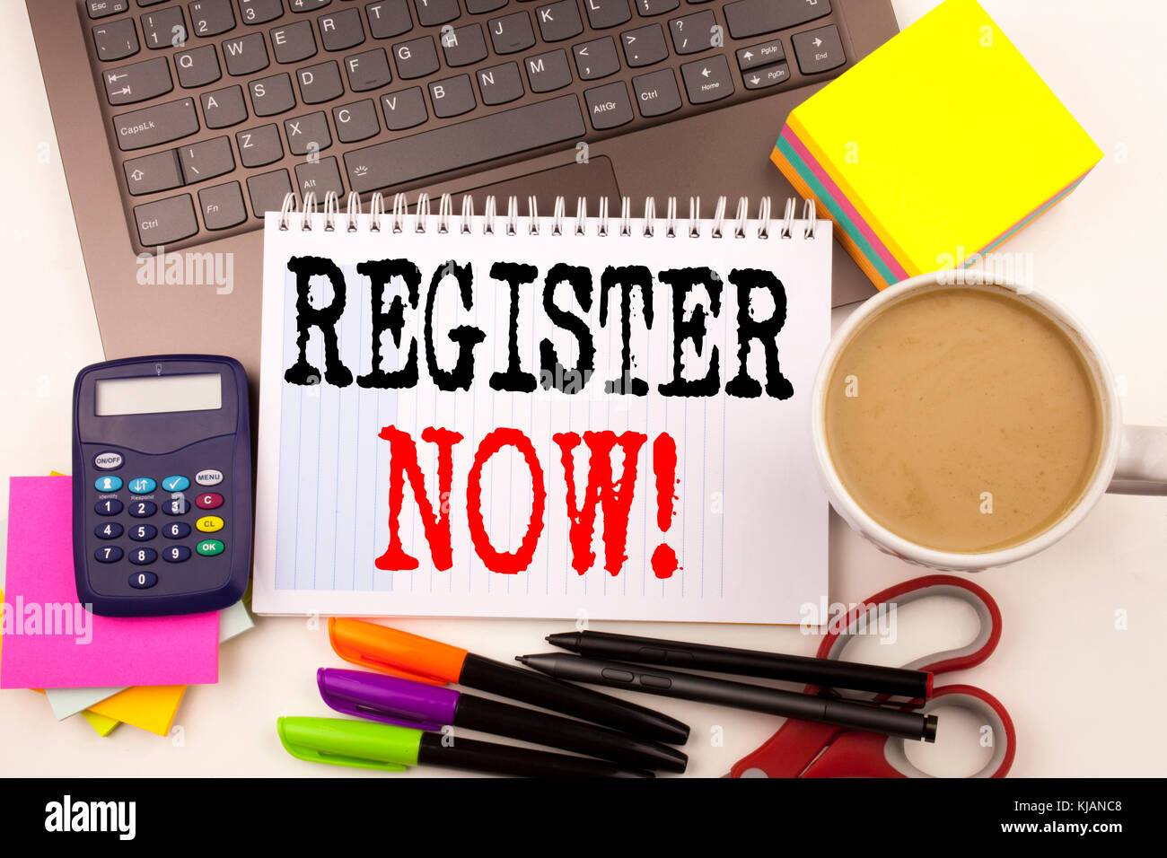 Word writing Register Now in the office with surroundings such as ...