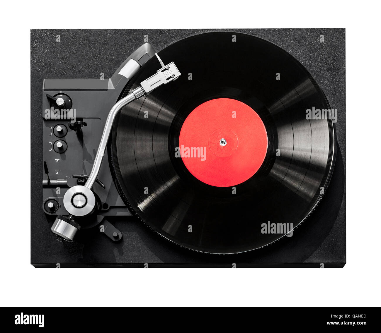 Top view of old fashioned turntable playing a track from black vinyl ...