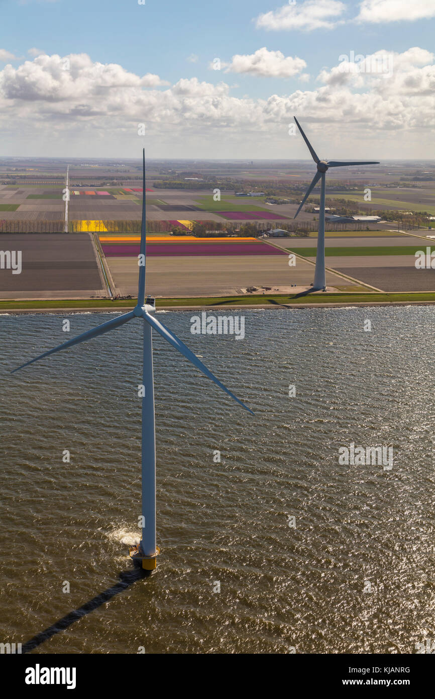 Aerial view of wind turbines, North Holland, Netherlands Stock Photo ...