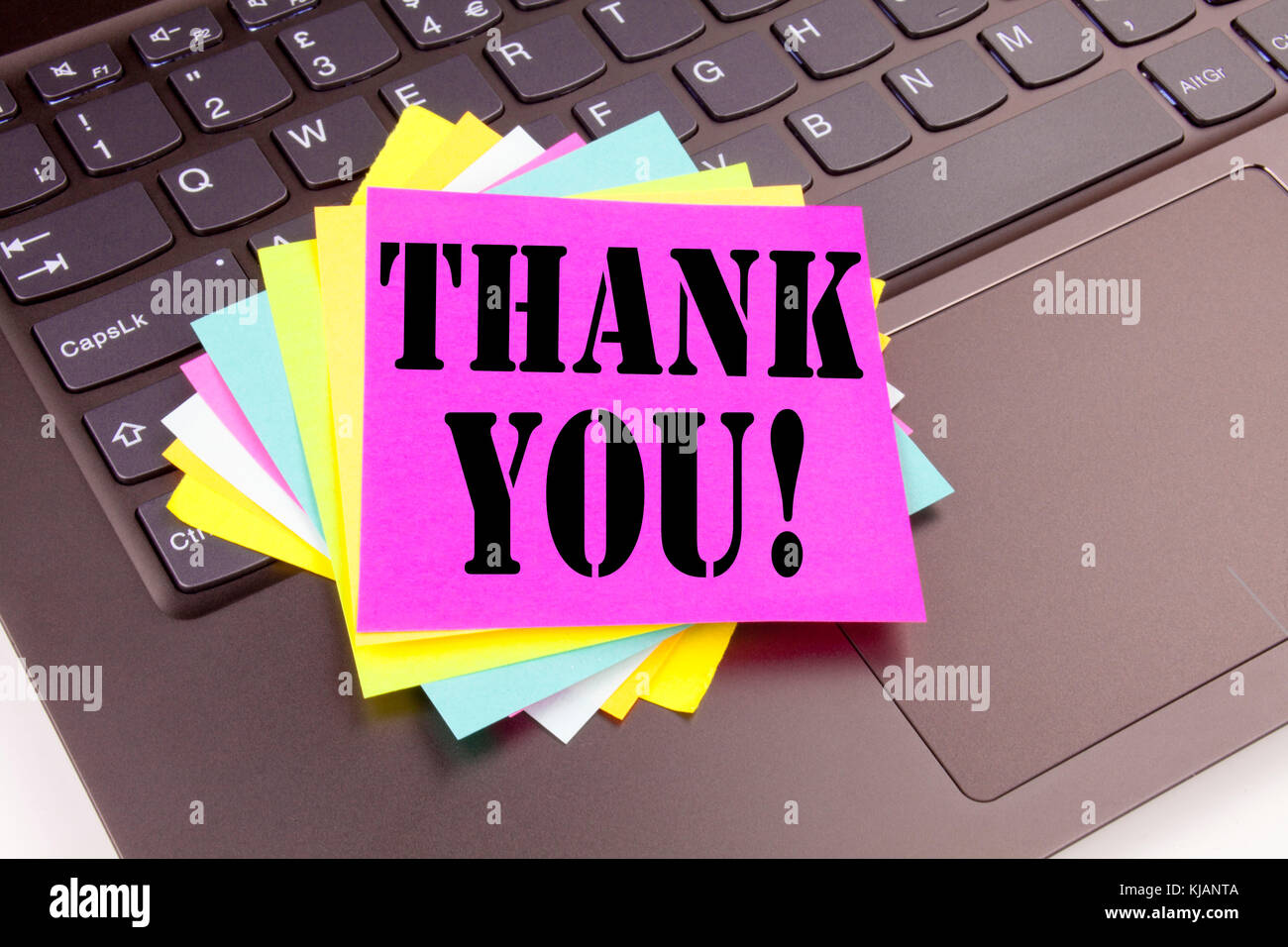Writing Thank You text made in the office close-up on laptop computer ...