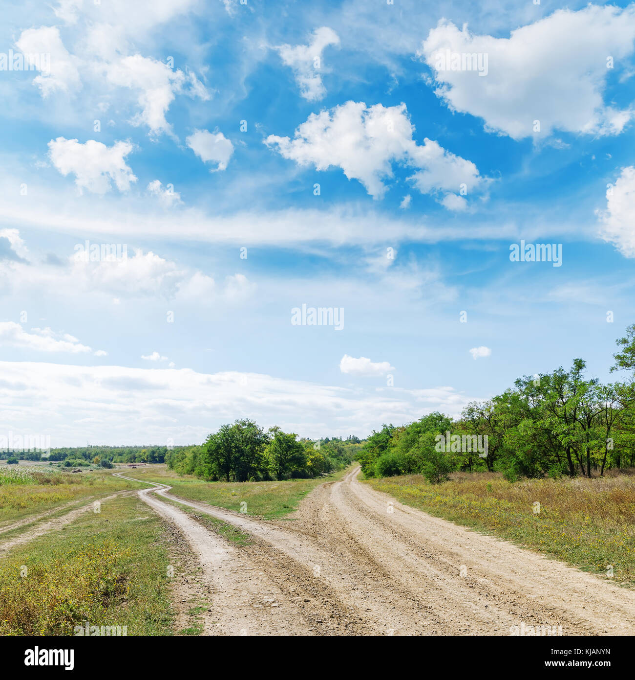 two roads in green landscape under blue sky with clouds Stock Photo - Alamy