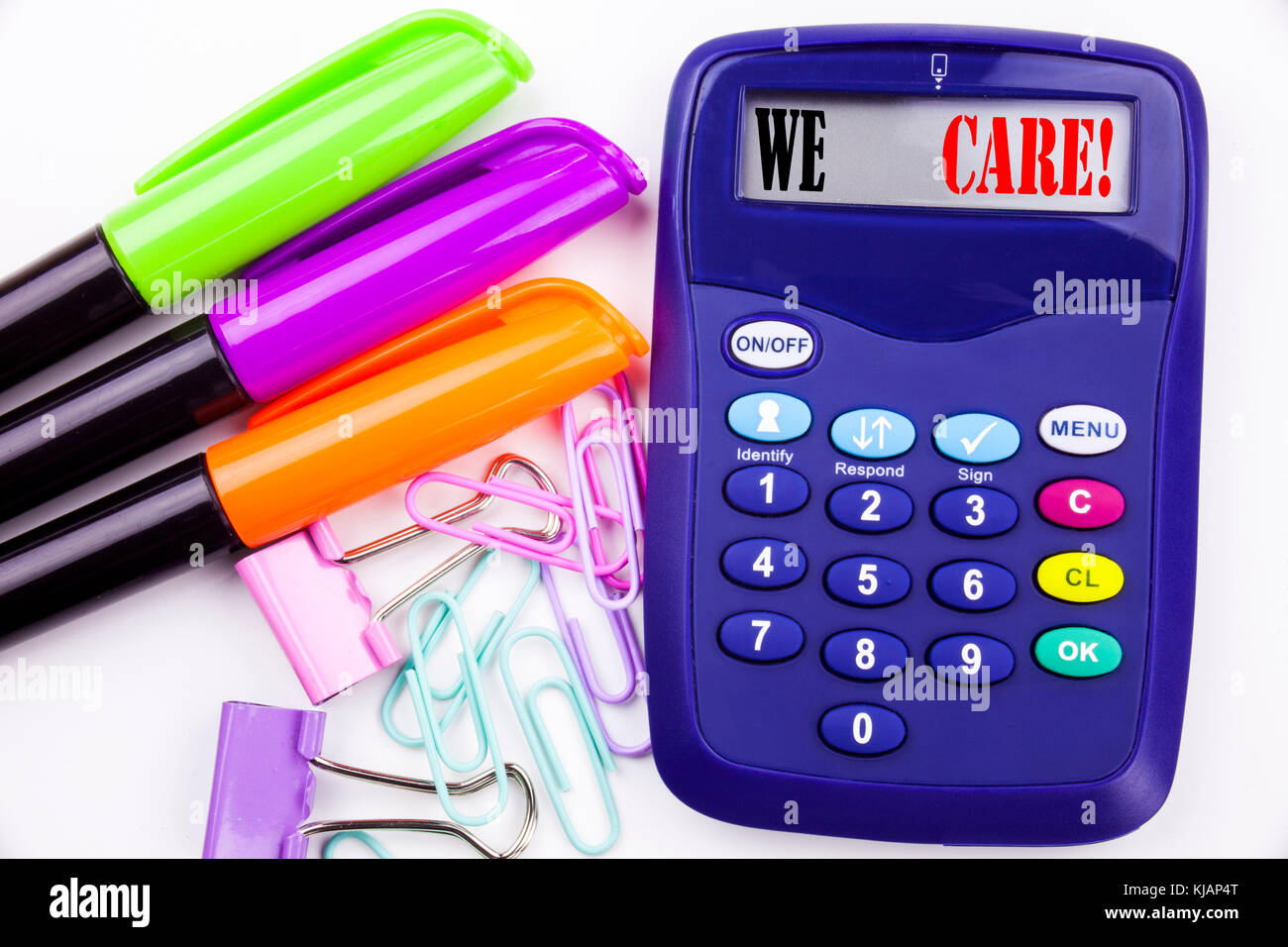 Writing word We Care text in the office with surroundings such as ...