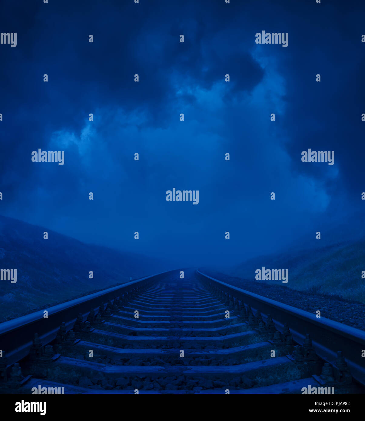 blue moonlight in night over railway closeup Stock Photo - Alamy