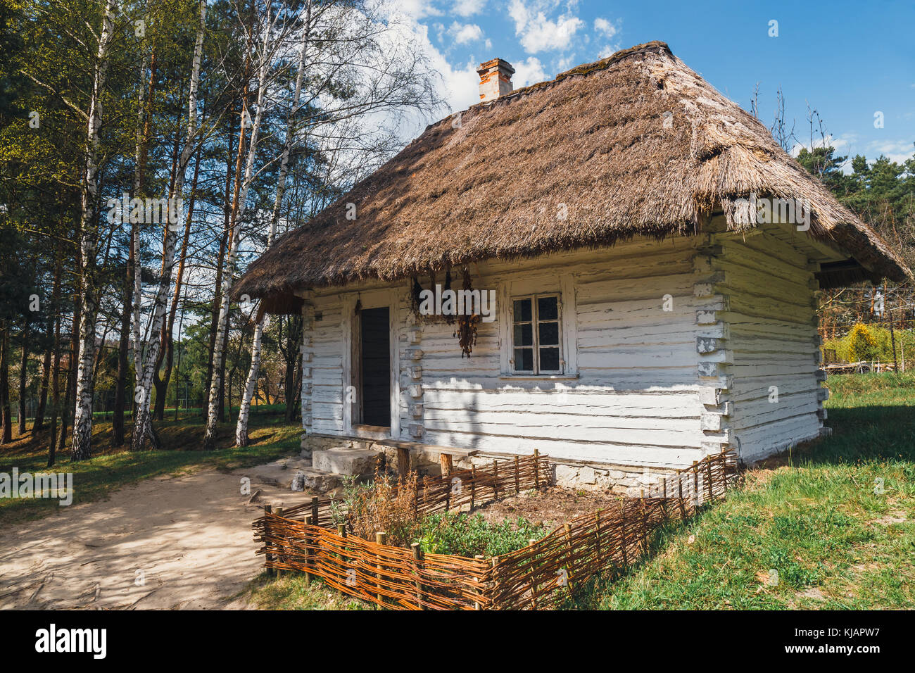 Old white log house with thatched roof Stock Photo - Alamy