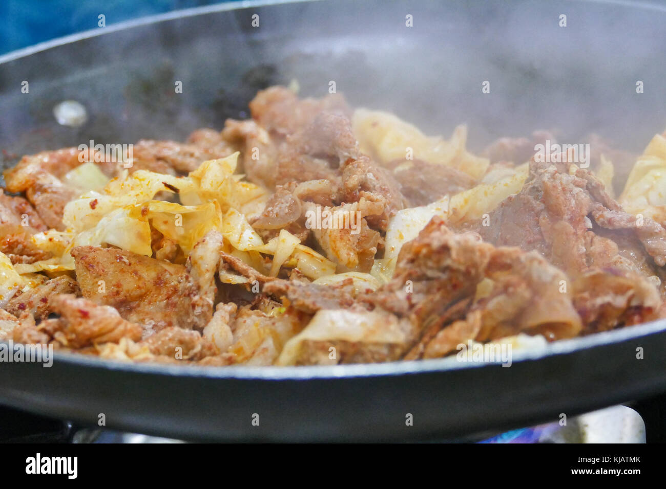 Pork Calbi, meat and vegetable on the pan, tradition of Korean food ...