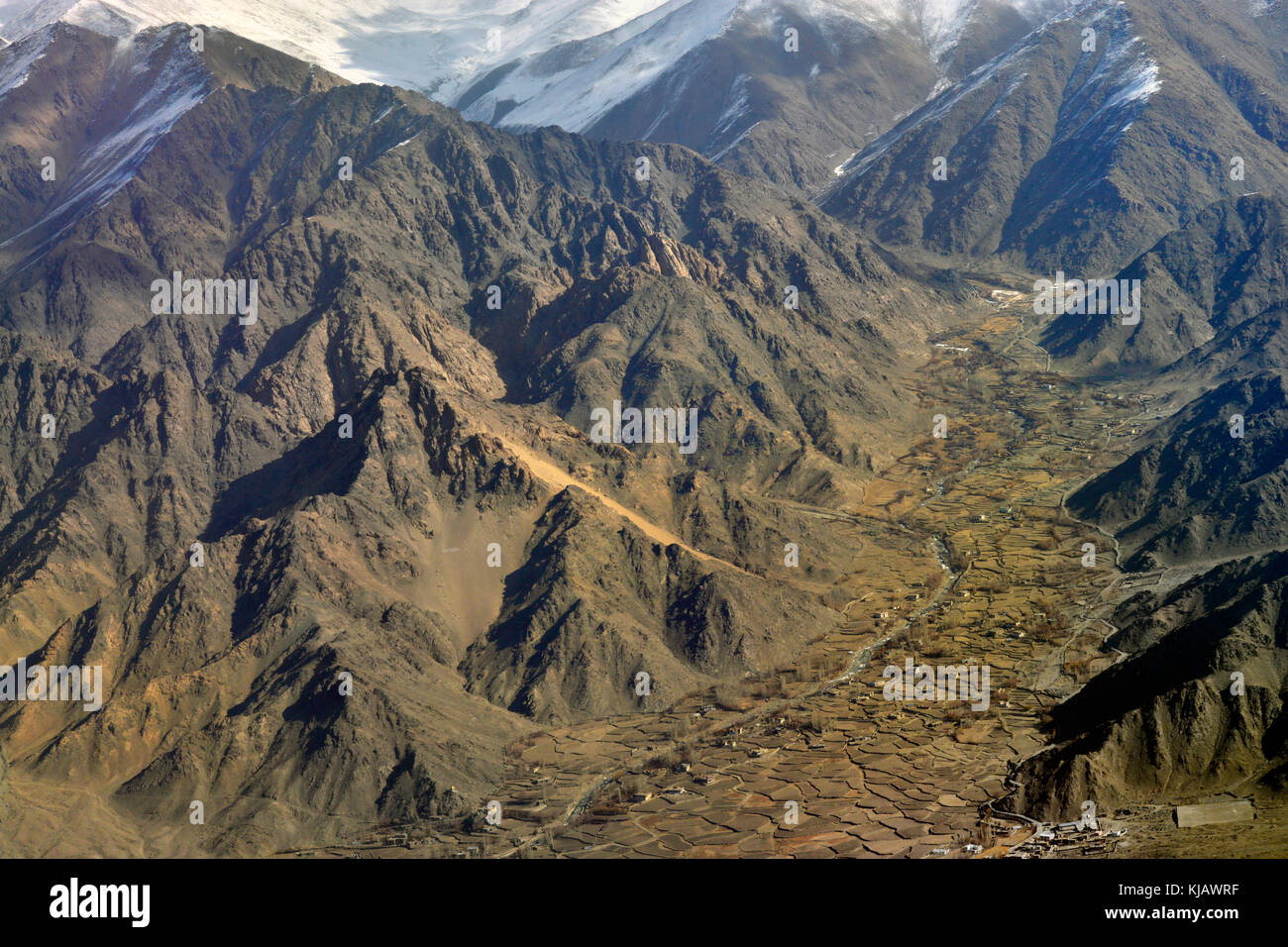 Wide mountain valley, high ridges and dells of brown color, a river ...