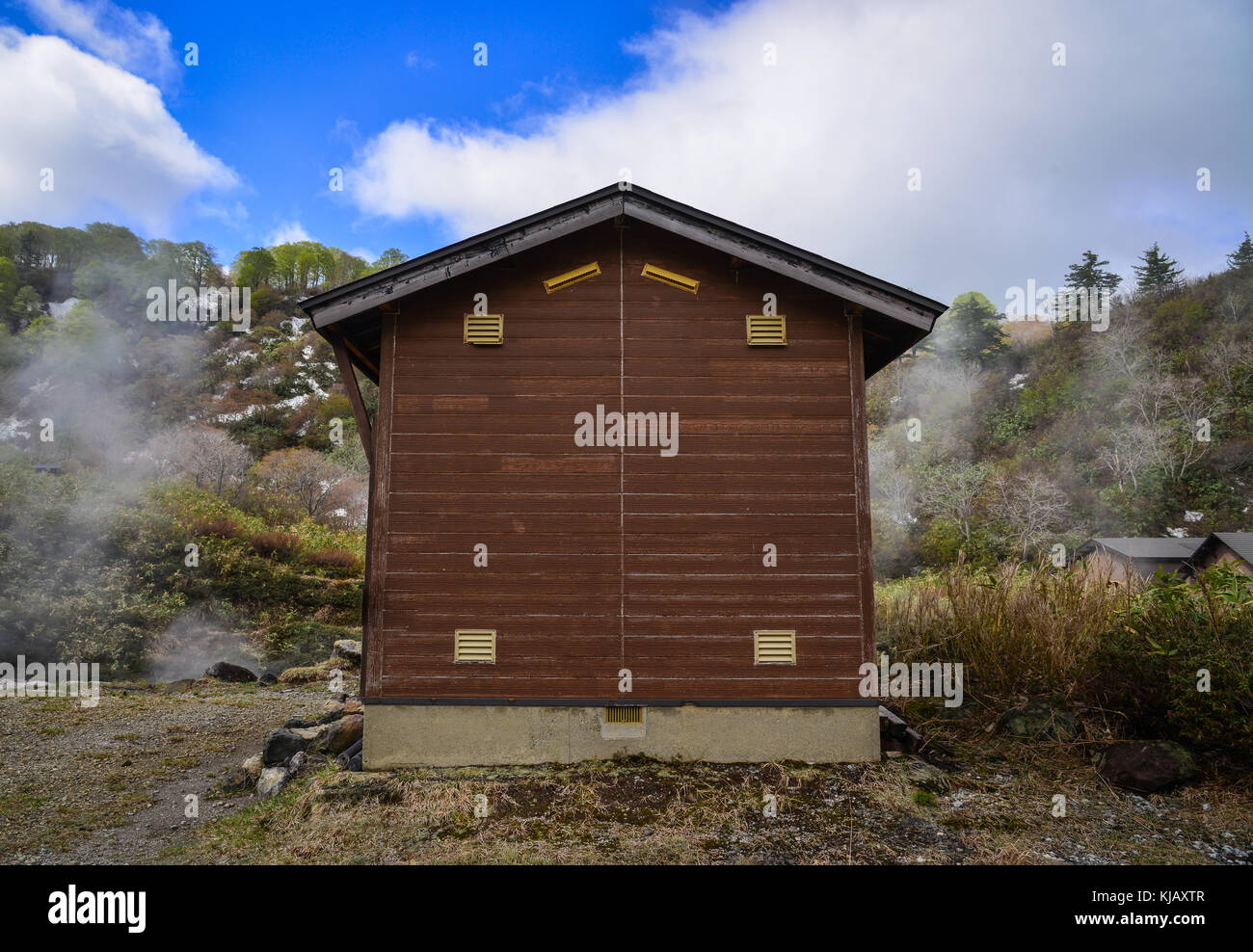 A wooden house at Tamagawa Hot Spring in Akita, Japan. Tamagawa is the ...