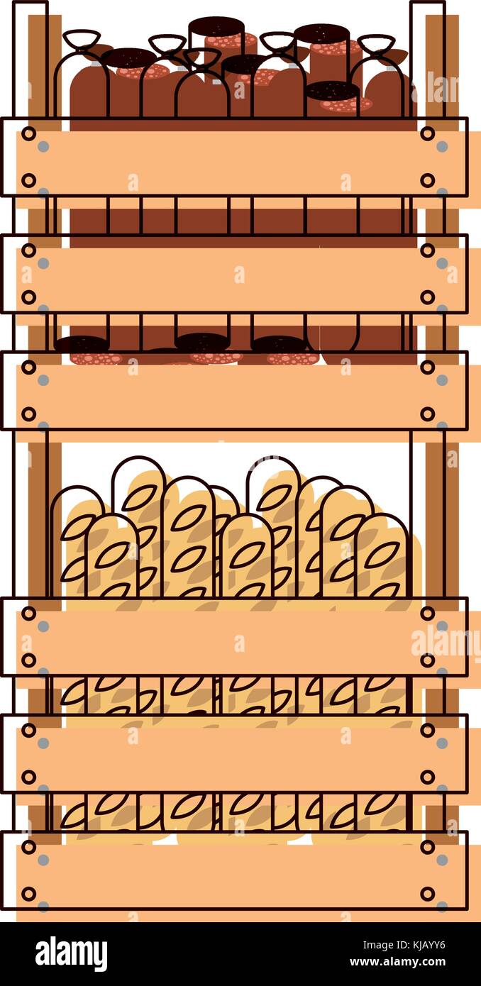 supermarket wooden shelf of two levels with sausages and french breads ...