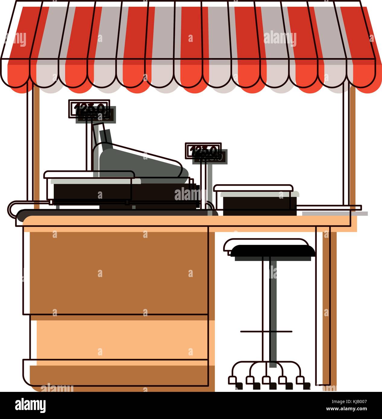 supermarket shelf with weighing machine and cash register point with ...