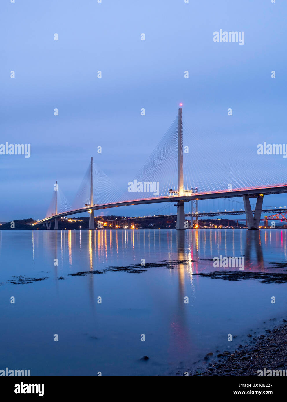 Night view of new Queensferry Crossing Bridge spanning the River Forth ...