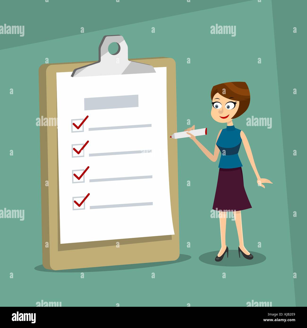 Happy smiling woman holding a marker looking at completed checklist on ...