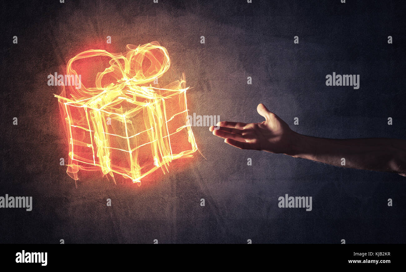 Concept of celebration with fire burning gift symbol and creatio Stock ...