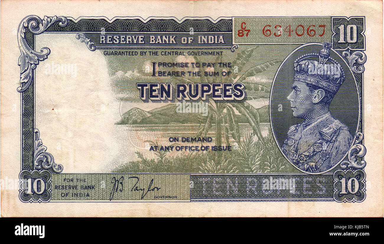This image shows a 10 Rupees note from Colonial India, issued between ...