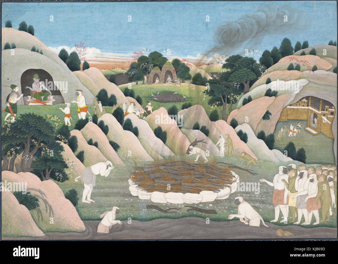 An artistic representation of the cremation of the monkey king Vali, a ...