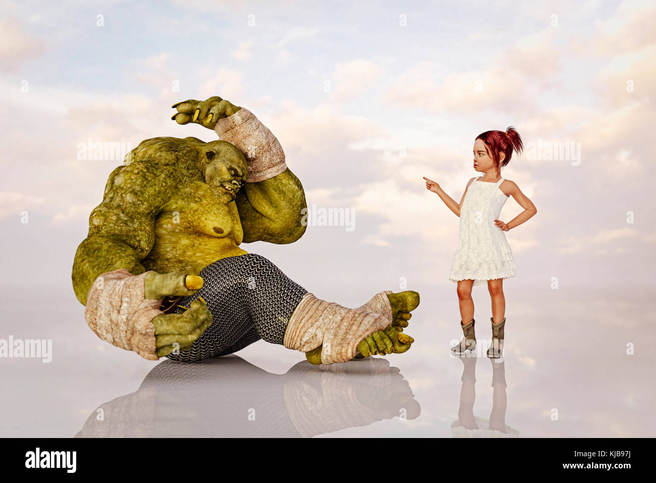 Girl scolding green ogre Stock Photo - Alamy