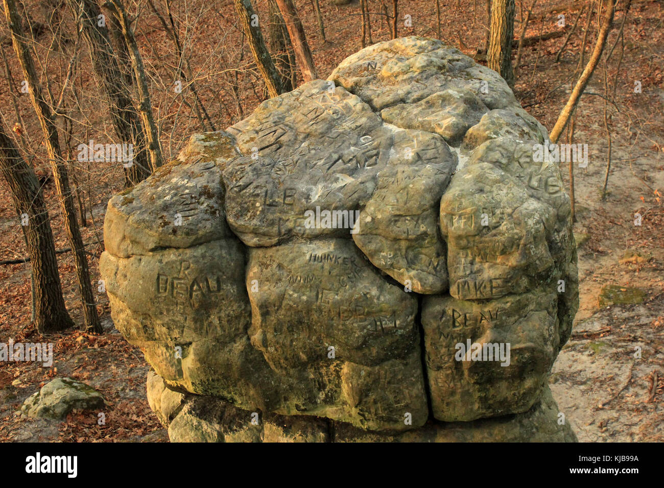 Gfp iowa pikes peak state park stone with carvings Stock Photo - Alamy