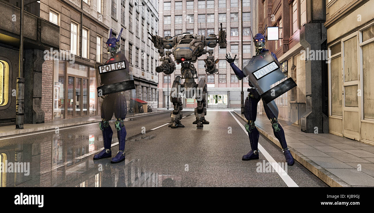 Futuristic robot police standing in city street Stock Photo - Alamy
