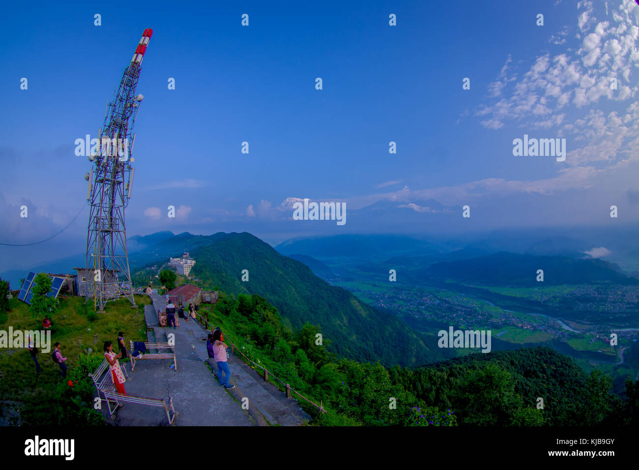 POKHARA, NEPAL, SEPTEMBER 04, 2017: Unidentified tourist at hill top of ...