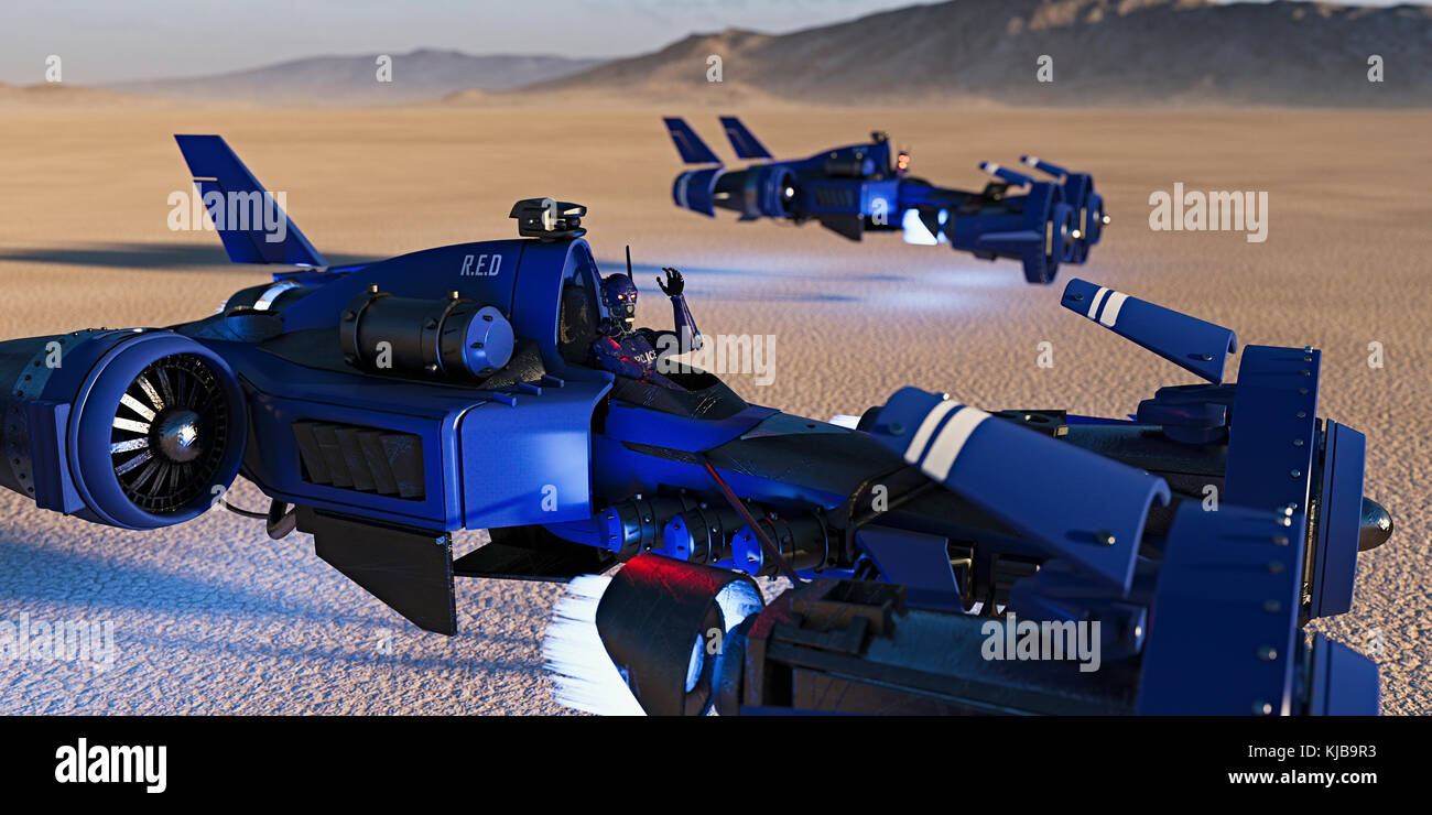 Futuristic vehicles flying in desert Stock Photo - Alamy
