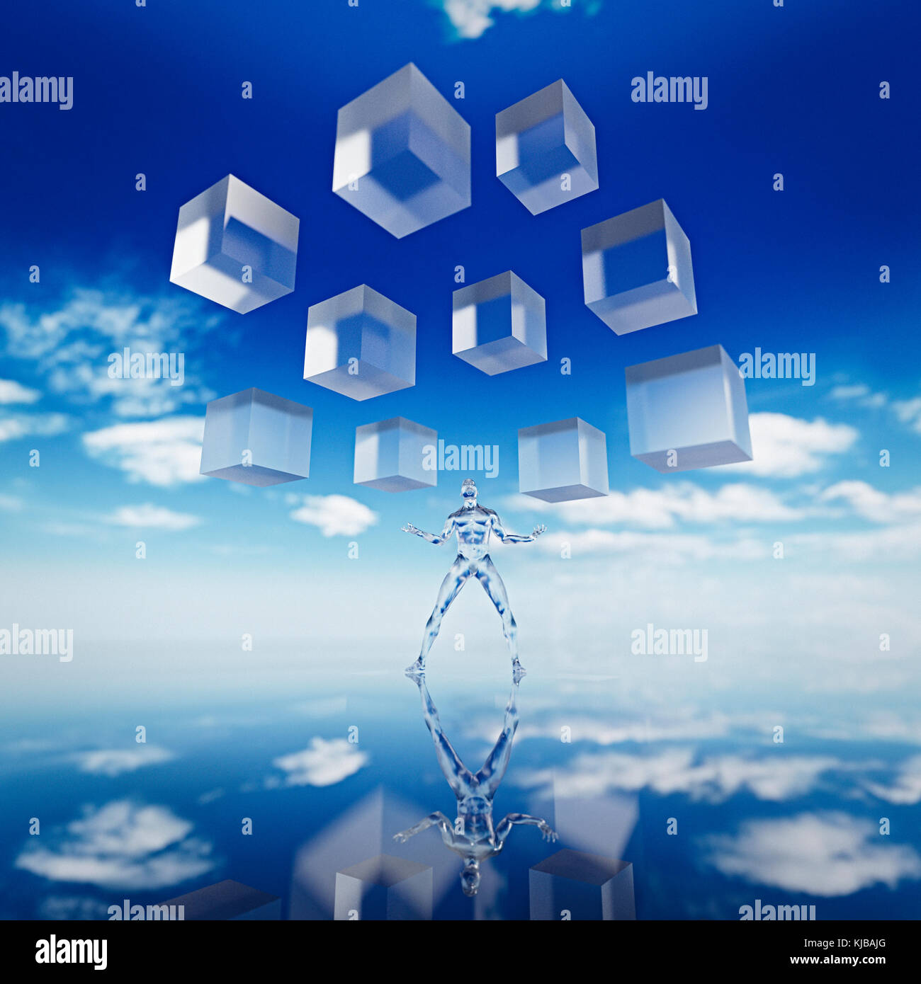 Cubes floating in sky above transparent man Stock Photo - Alamy
