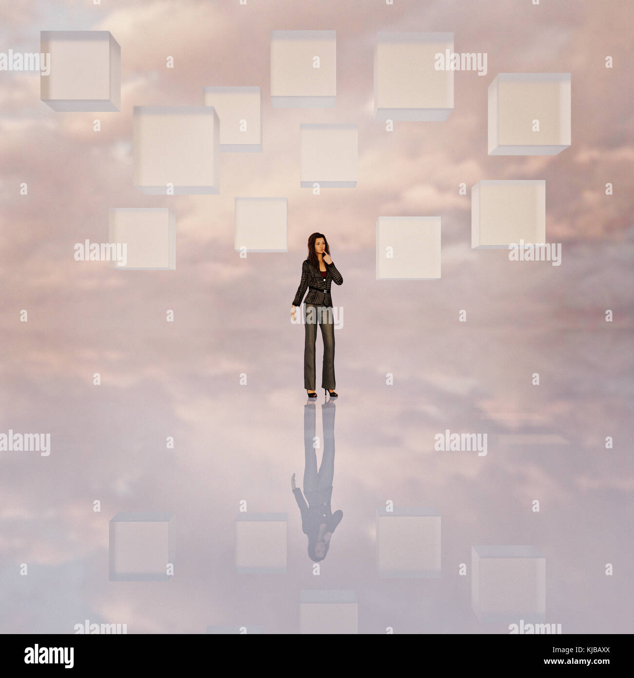Cubes floating above pensive businesswoman Stock Photo - Alamy