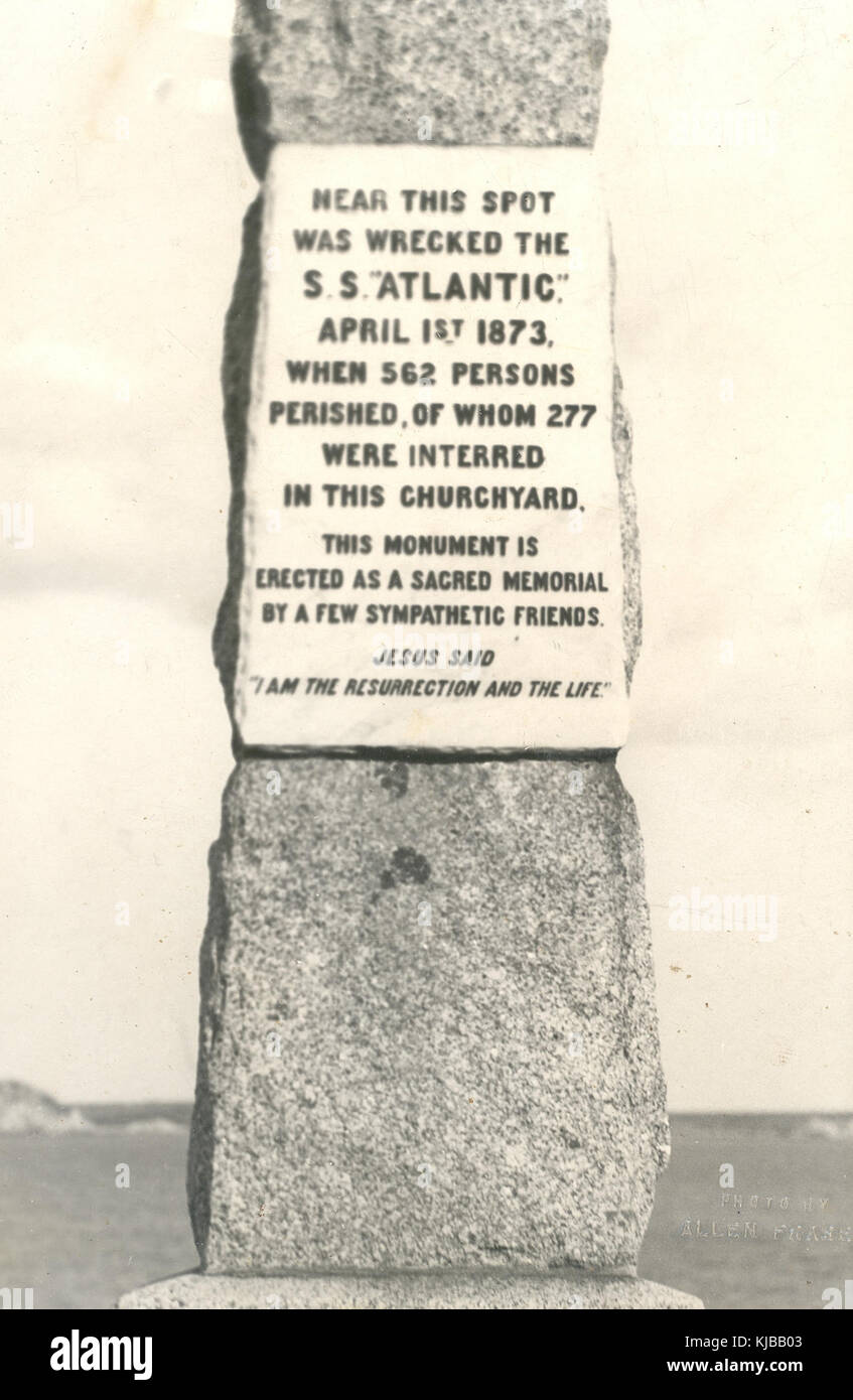 Memorial (inscription) to victims of the wreck of the SS Atlantic on 1 ...