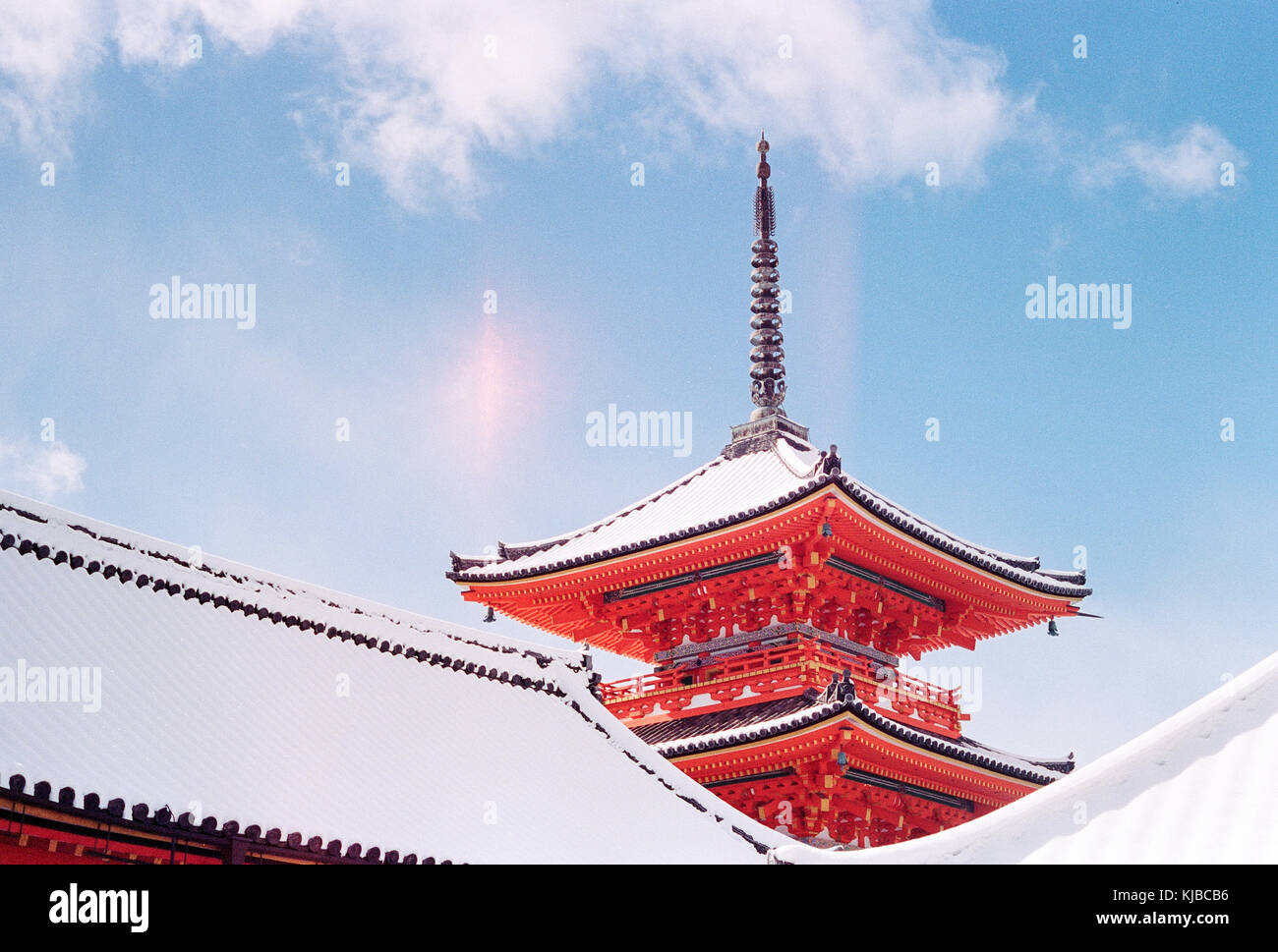Kiyomizu-dera, a beautiful Japanese read temple, covered in snow on a ...
