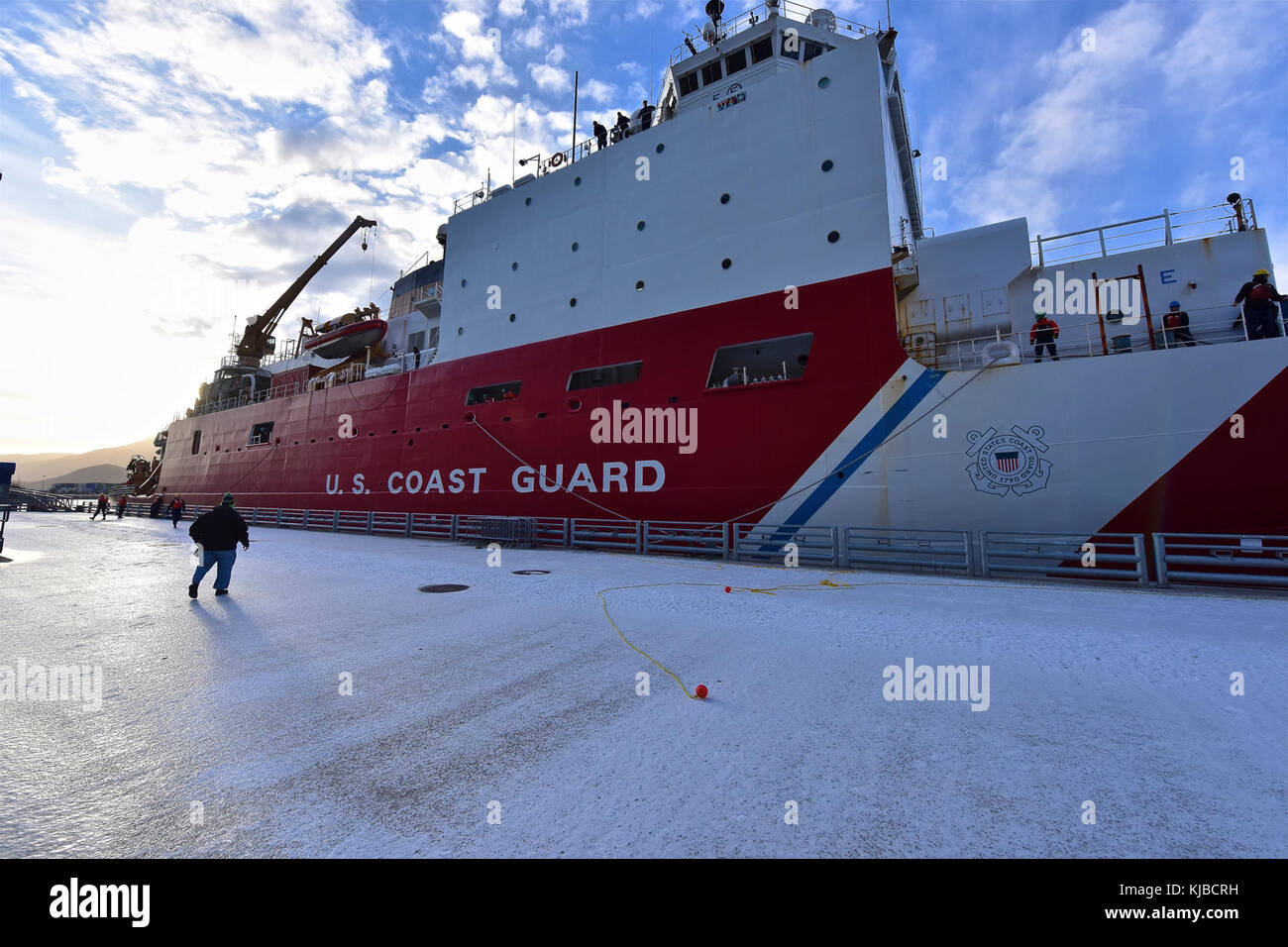 The Coast Guard Cutter Healy and crew moor at the Alaska Steamship Dock ...