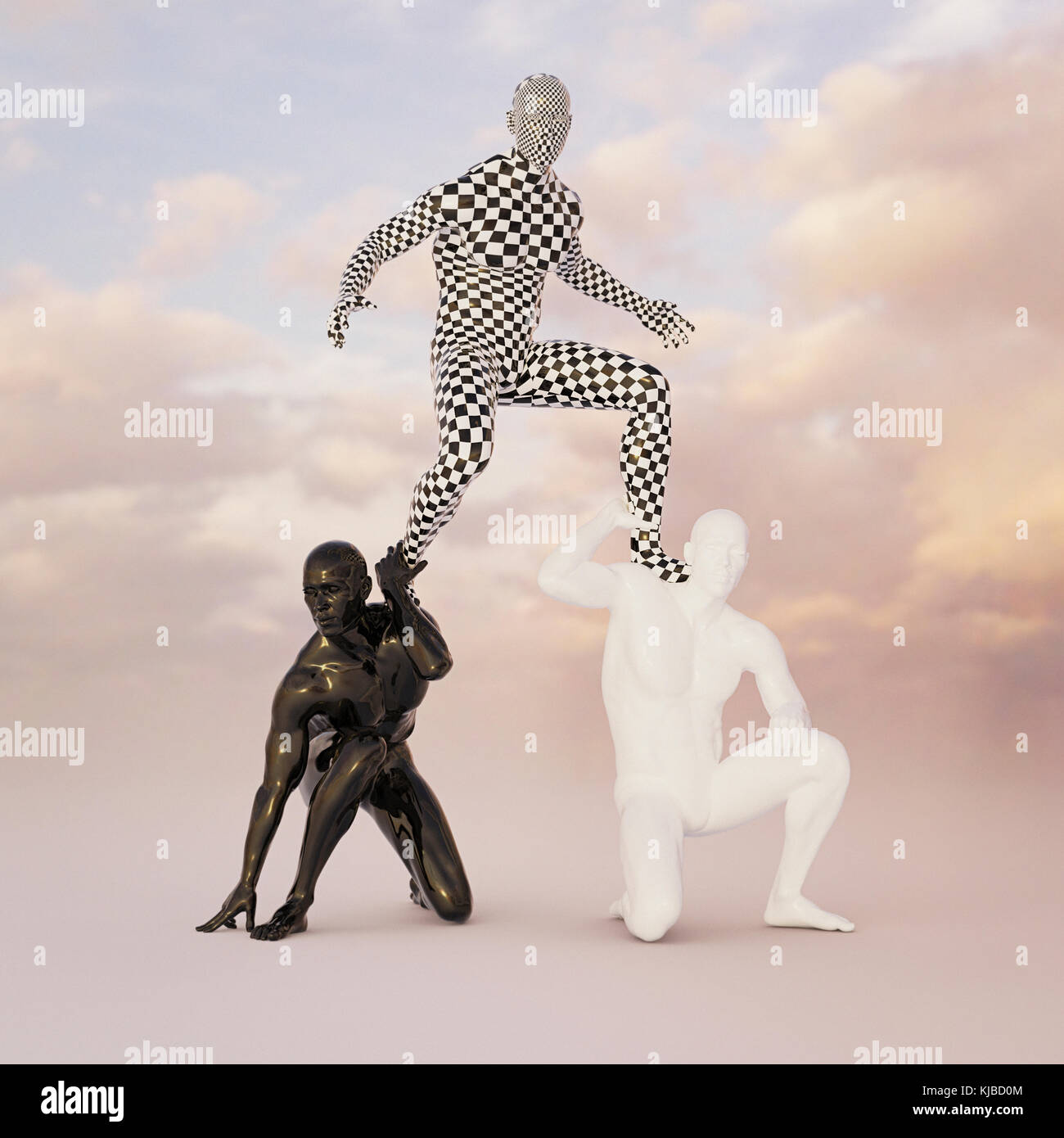 Checkered man balancing on shoulders of black and white men Stock Photo ...