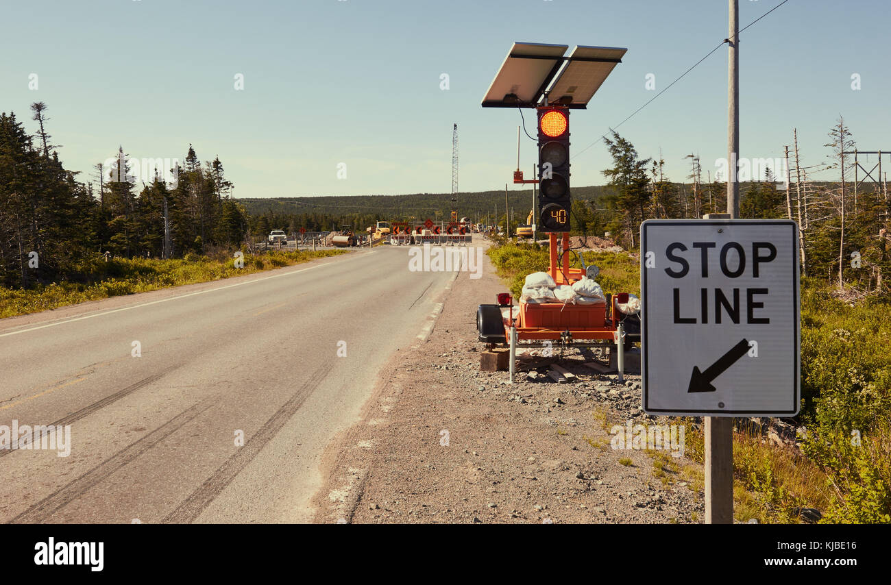 Traffic lights with solar panels at roadworks, Newfoundland, Canada ...