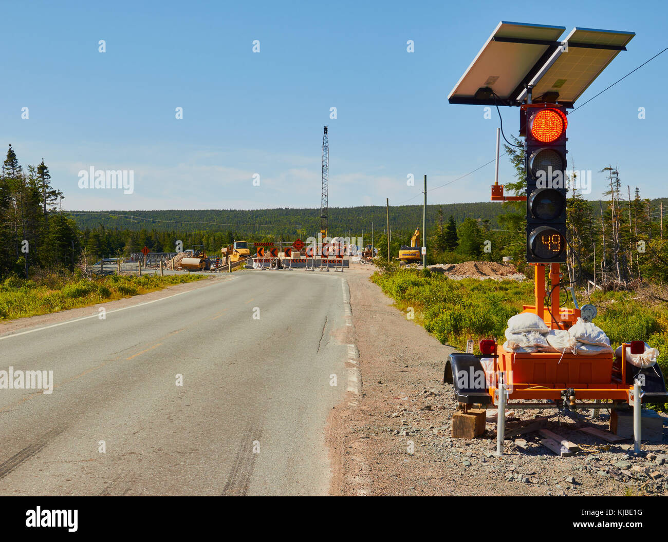 Traffic lights with solar panels at roadworks, Newfoundland, Canada ...