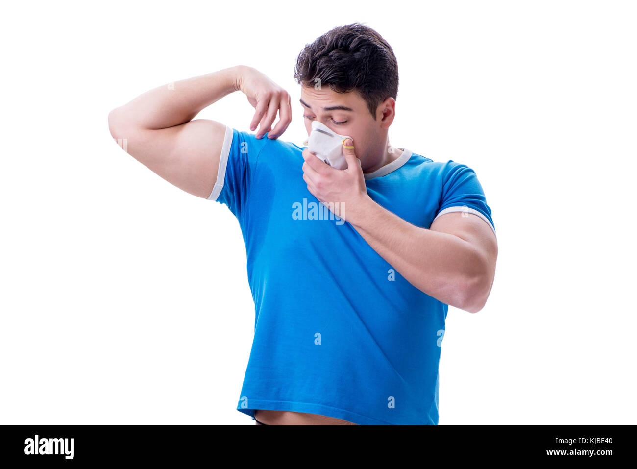 Man sweating excessively smelling bad isolated on white background ...