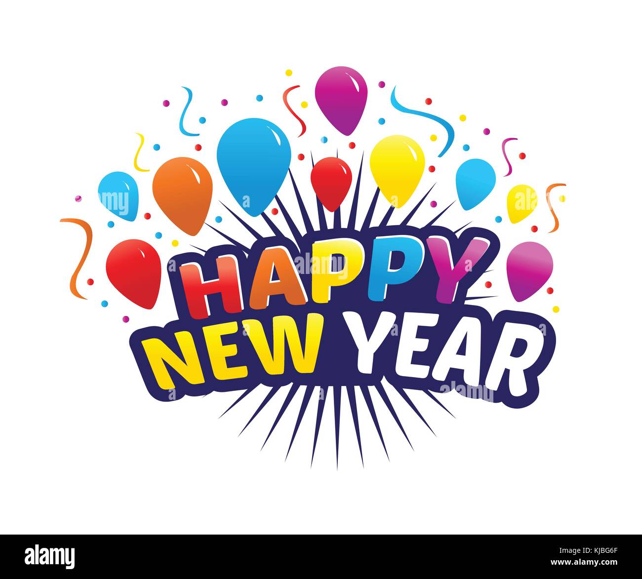 playful happy new year with colorful balloons and confetti and rays ...