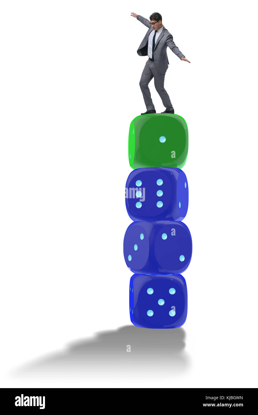Businessman balancing on top of dice stack in uncertainty concept Stock ...