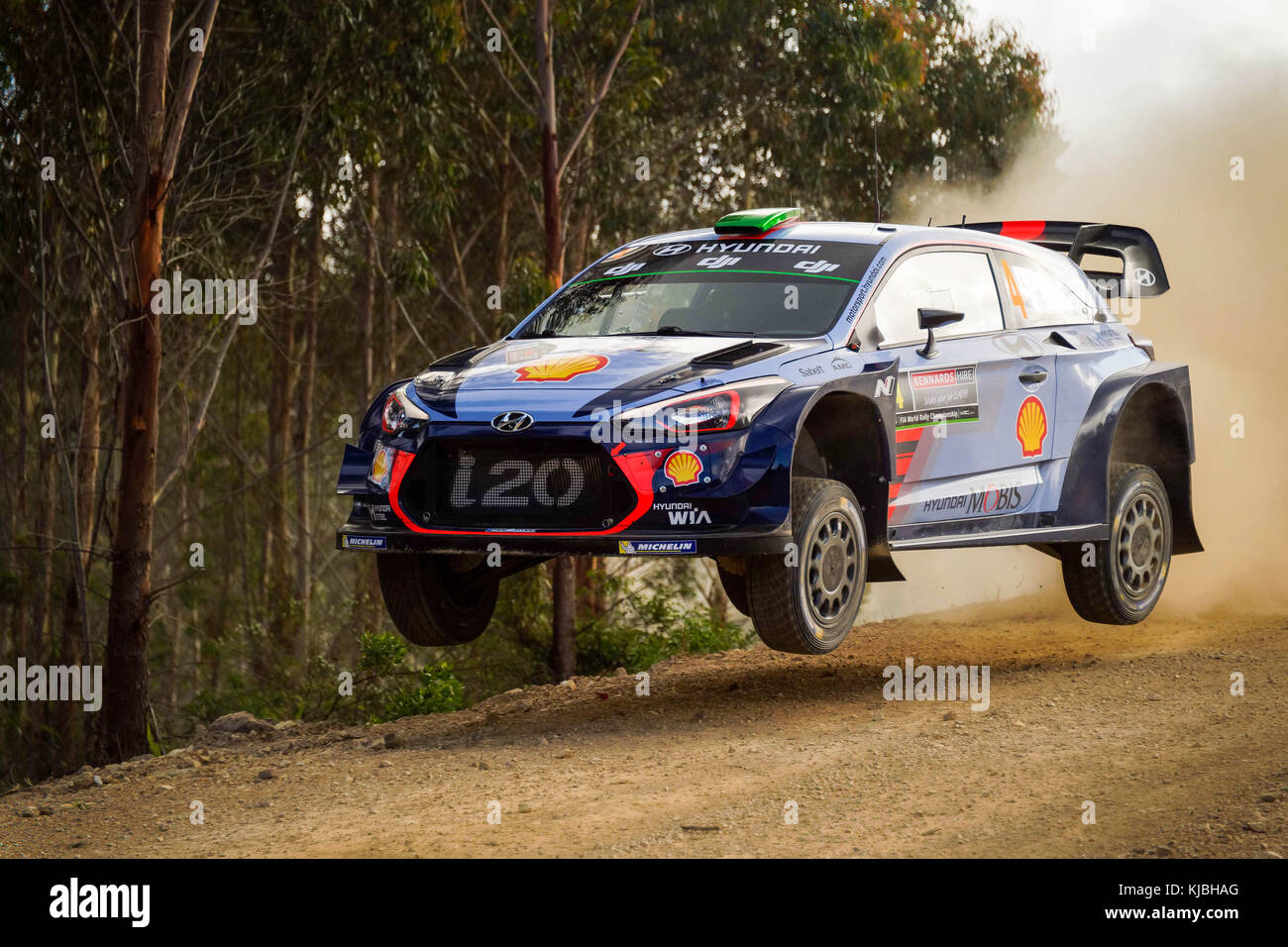 Hayden Padden (NZL) and co-driver Sebastian Marshall (GBR) of Hyundai Motorsport gets some air ...