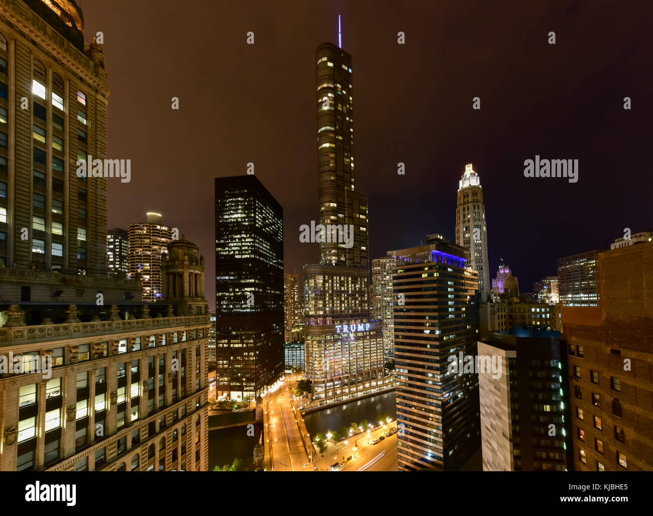 Chicago urban skyscrapers illuminated with lights at night Stock Photo ...