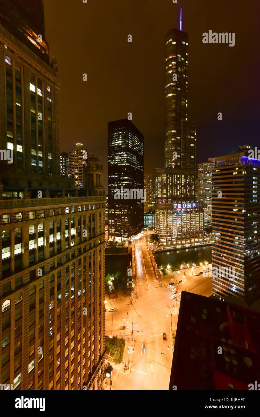 Chicago urban skyscrapers illuminated with lights at night Stock Photo ...