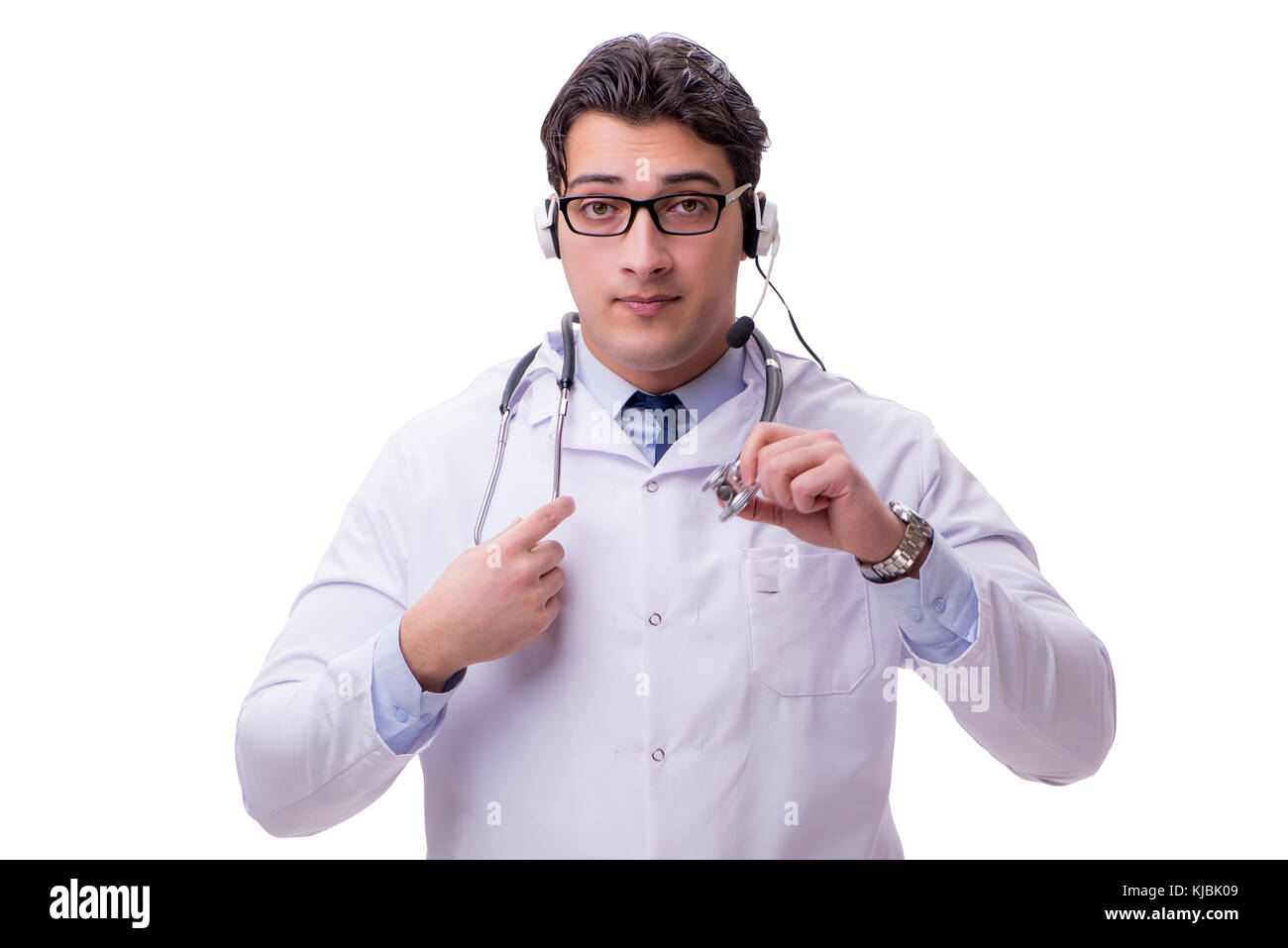 Young doctor with phone headset isolated on white Stock Photo - Alamy
