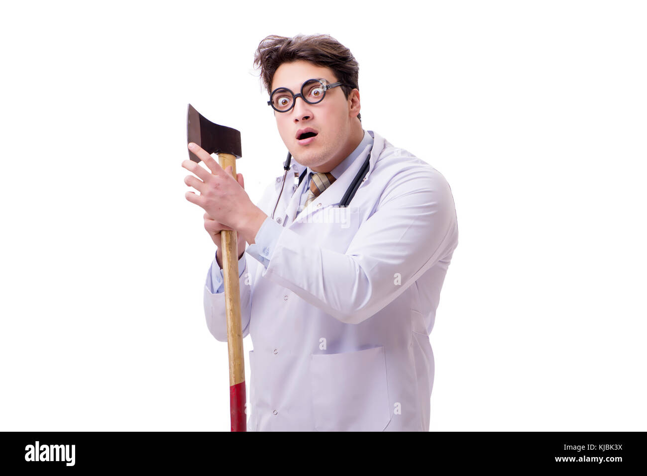 Funny doctor with axe isolated on white Stock Photo - Alamy