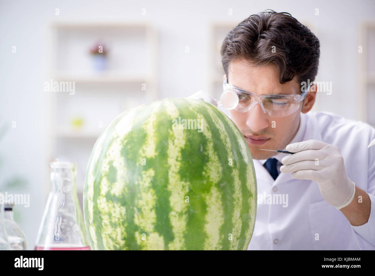 Scientist testing watermelon in lab Stock Photo - Alamy