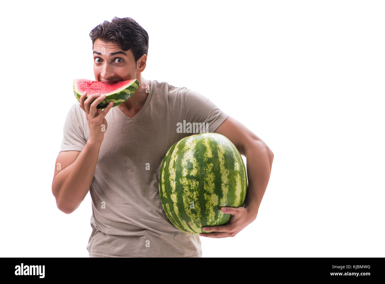 Young man with watermelon isolated on white Stock Photo - Alamy