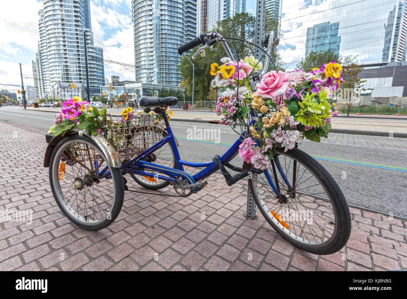 Classic tricycle or trike with flowers in the city Stock Photo - Alamy