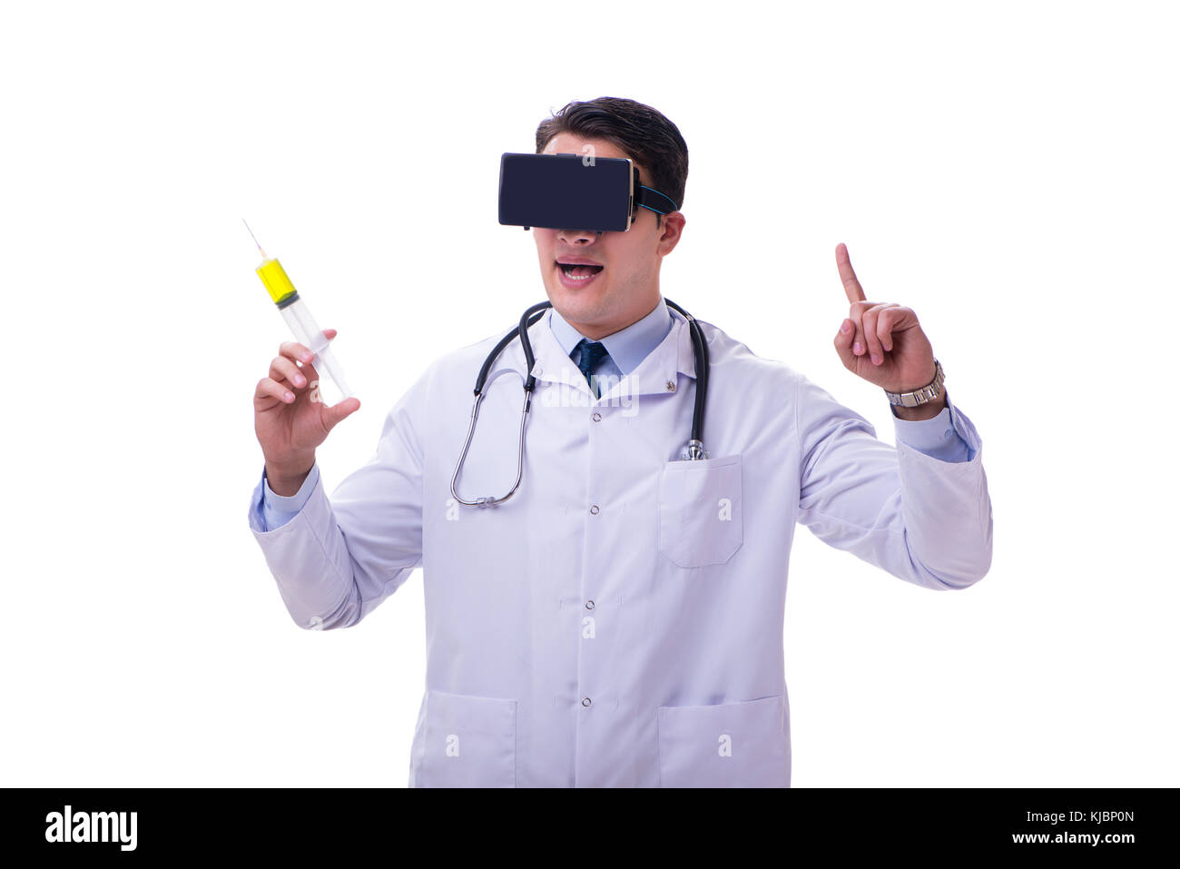 Doctor wearing a vr virtual reality headset isolated on white ...