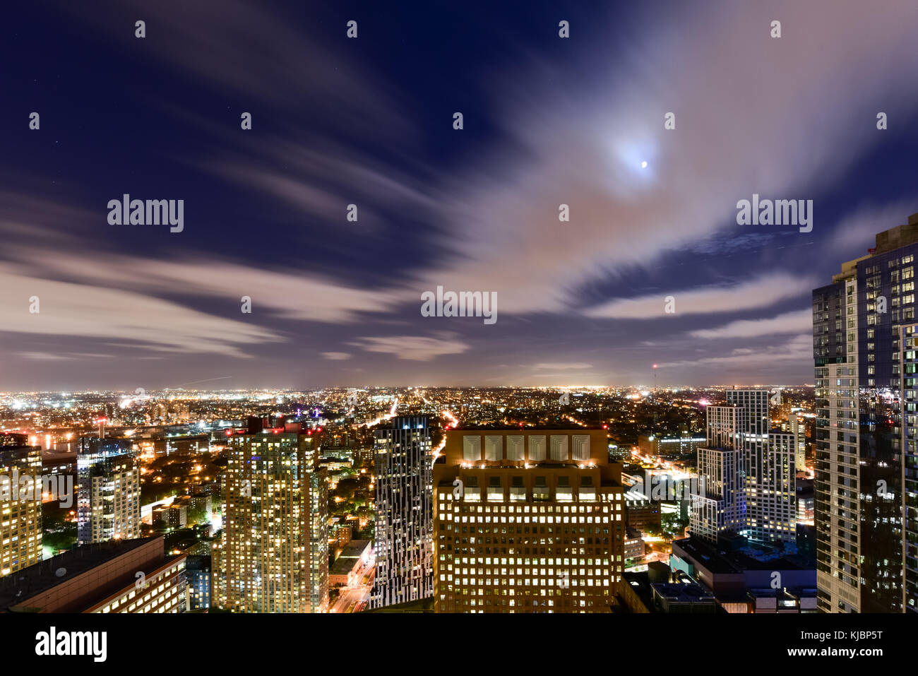 An aerial Brooklyn Skyline view at night with the moon shining Stock ...