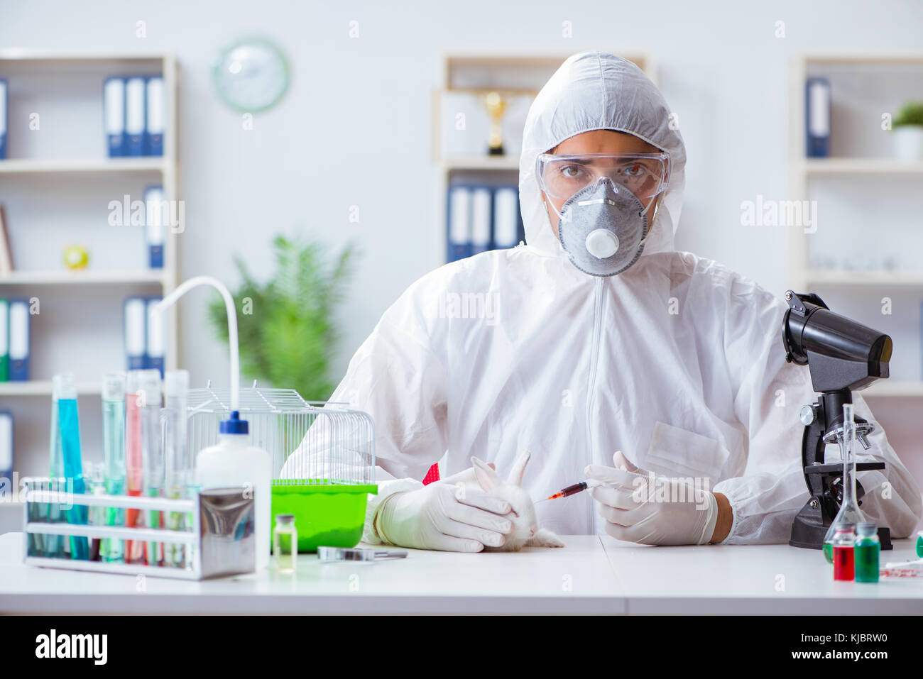 Scientist doing animal experiment in lab with rabbit Stock Photo - Alamy