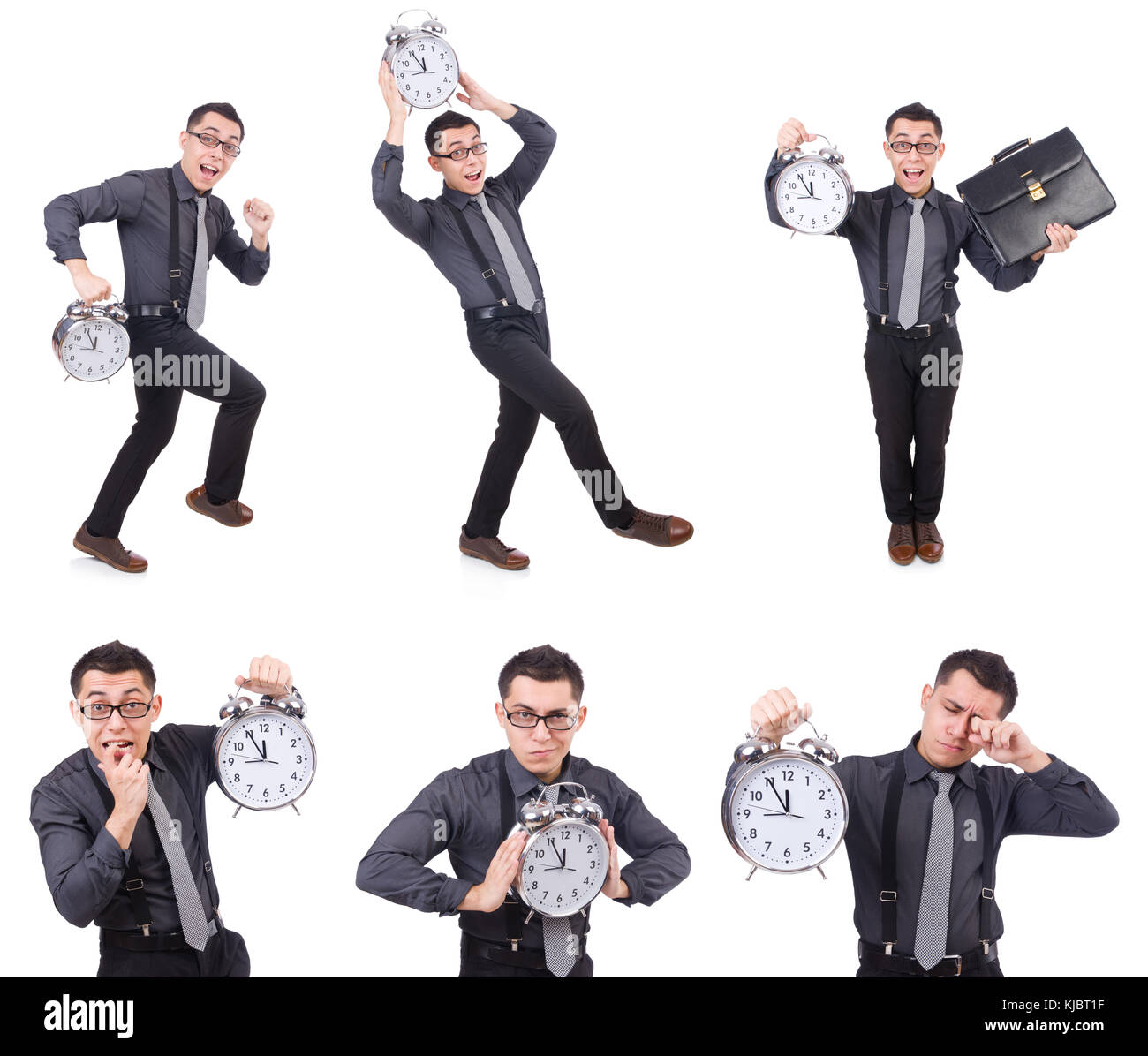 Funny businessman with clock isolated on white Stock Photo - Alamy