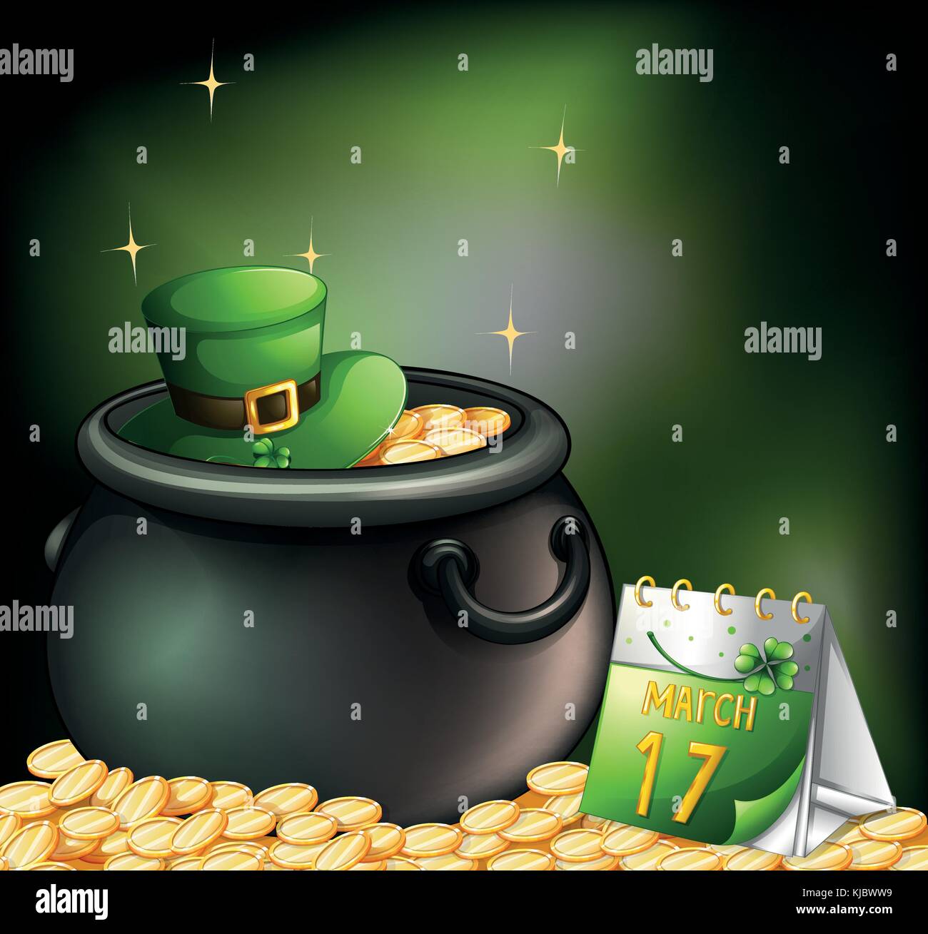 Illustration of a pot of gold coins with a hat and a calendar Stock ...