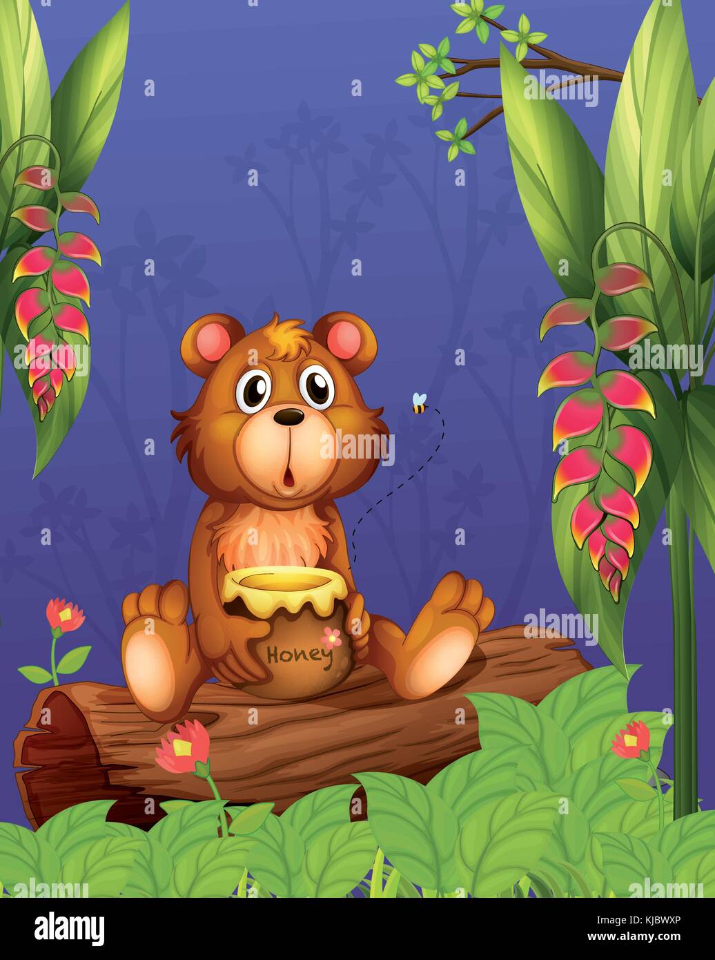 Illustration of a bear holding a pot of honey at the woods Stock Vector ...