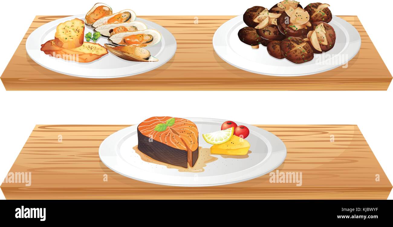 Illustration of the two wooden shelves with foods on a white background ...