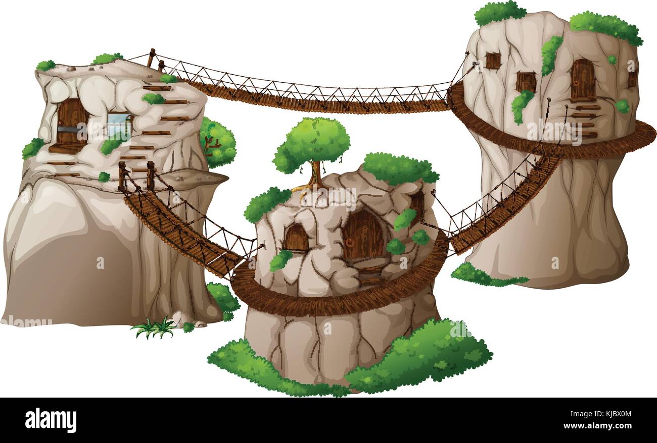 Illustration of the tree houses with hanging bridges on a white ...